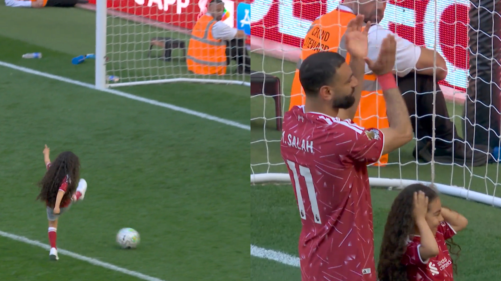 Watch: Salah's daughter scores in front of the Kop